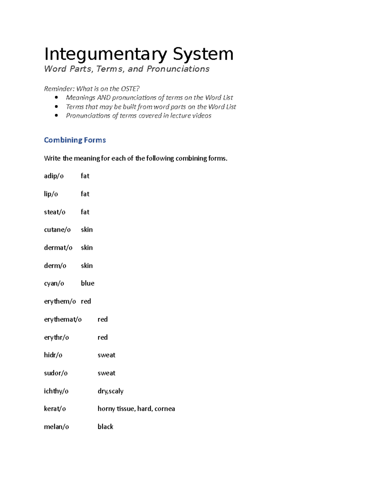 Word List 3 (Integumentary System) - Integumentary System Word Parts ...