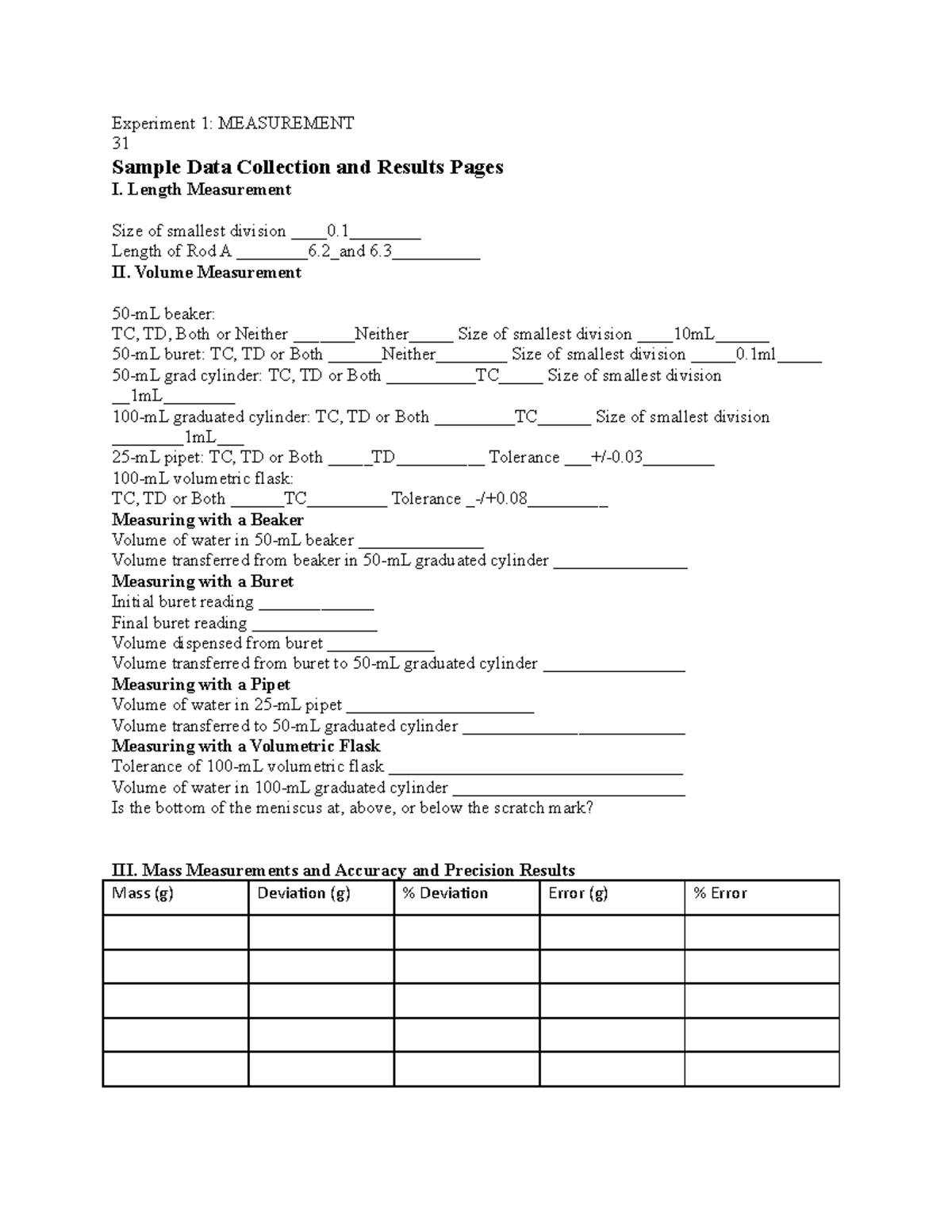 CHEM 108 Experiment # 1 Data - Experiment 1: MEASUREMENT 31 Sample Data ...