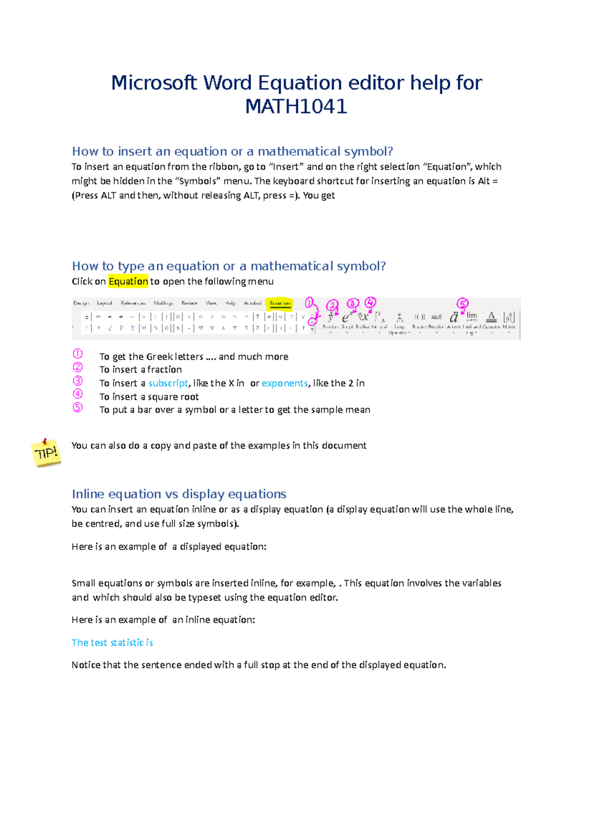 Microsoft Word Equation editor help for MATH1041 - Microsoft Word ...