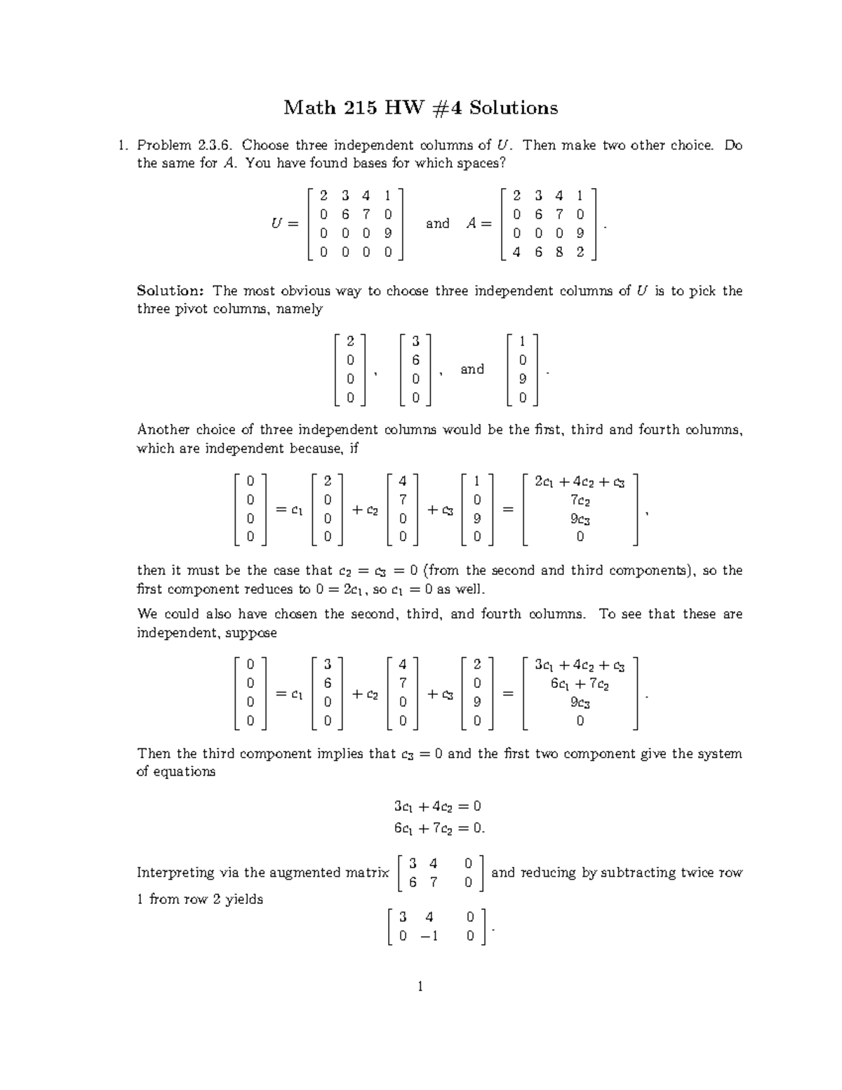 Hw5solutions - Homework number Solutions for linear algebra MAE501 - Math 215 HW #4 Solutions ...
