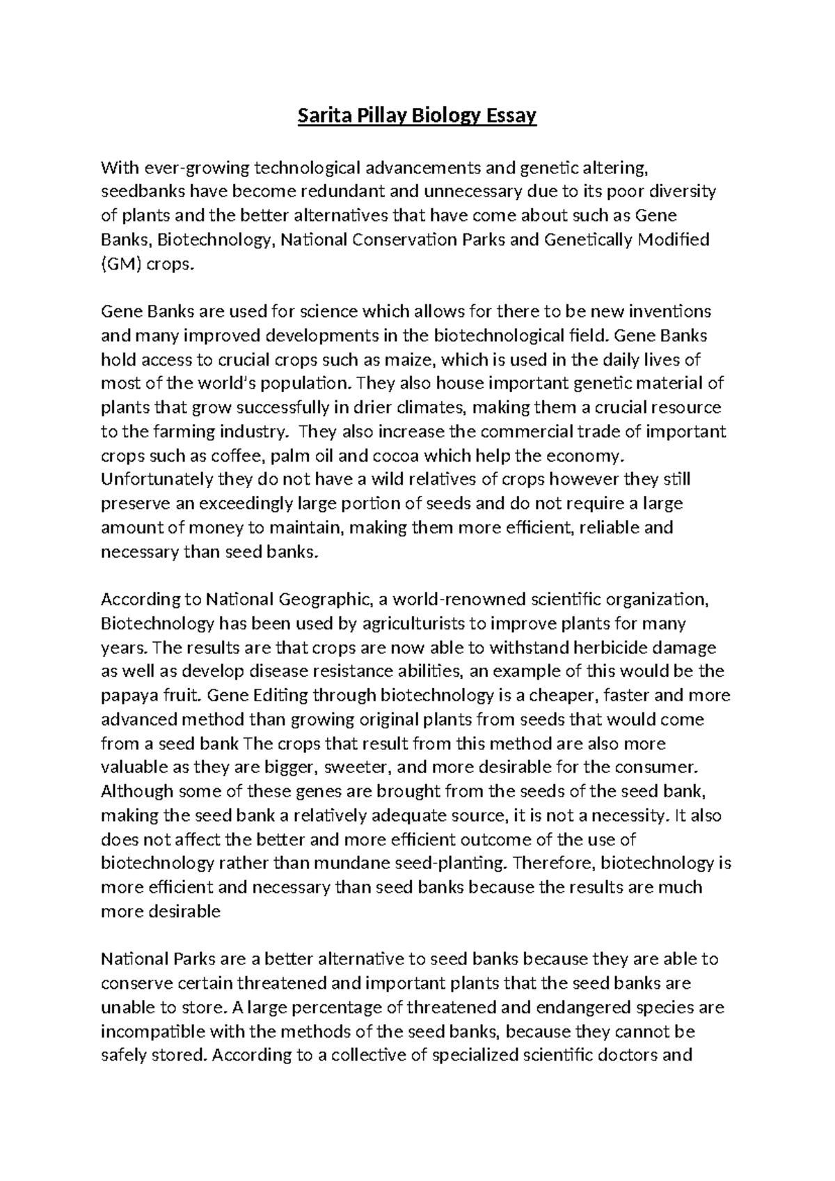 Life Science Essay - Sarita Pillay Biology Essay With ever-growing ...