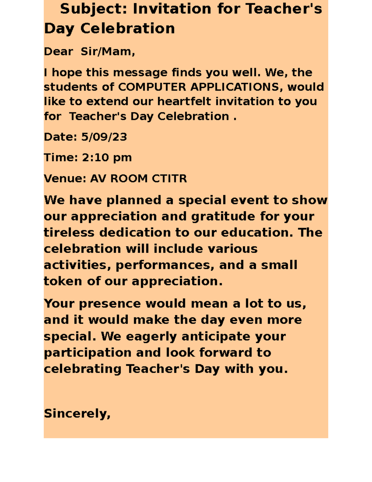 Subject - We, the students of COMPUTER APPLICATIONS, would like to ...