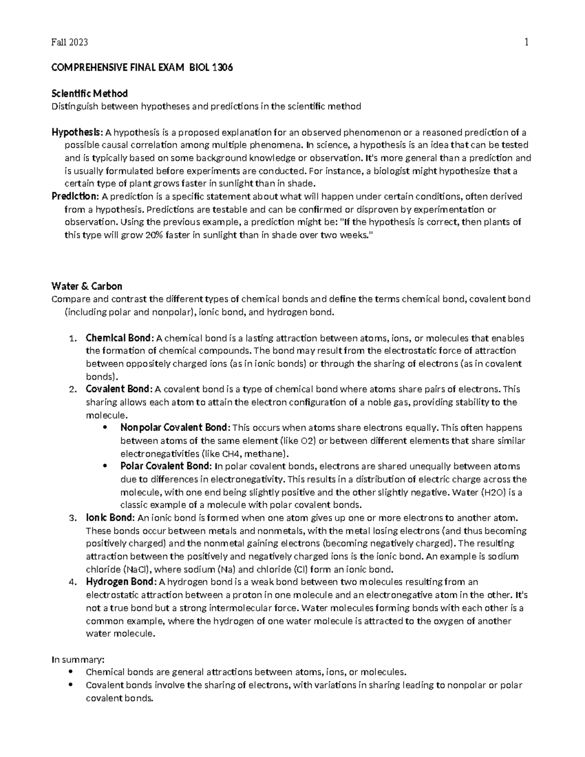 Biology Final Study Guide - COMPREHENSIVE FINAL EXAM BIOL 1306 ...