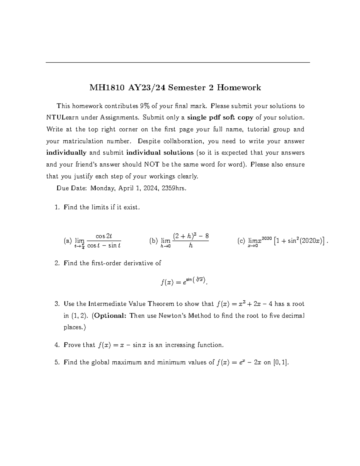 MH1810 Homework-3 - Homework - MH1810 AY23/24 Semester 2 Homework This ...