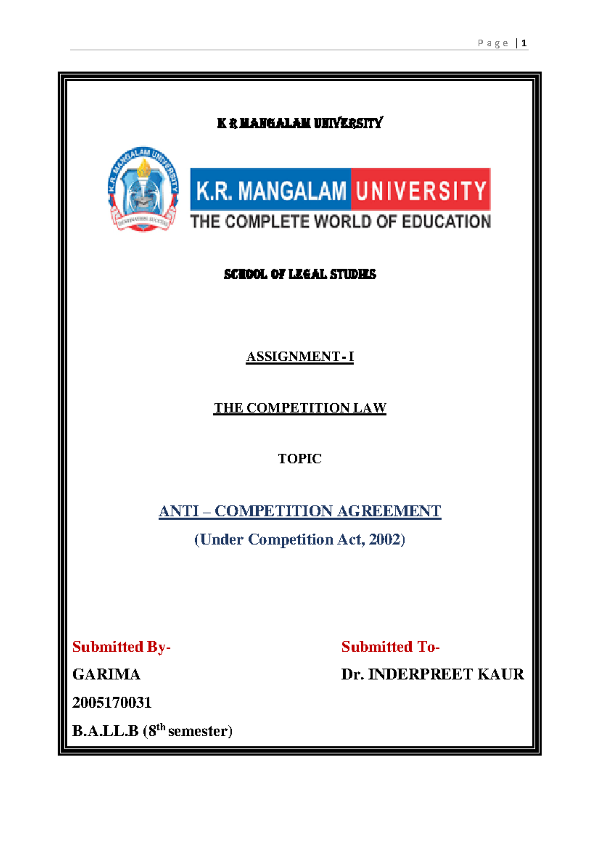 CL Assign - K R MANGALAM UNIVERSITY SCHOOL OF LEGAL STUDIES ASSIGNMENT ...