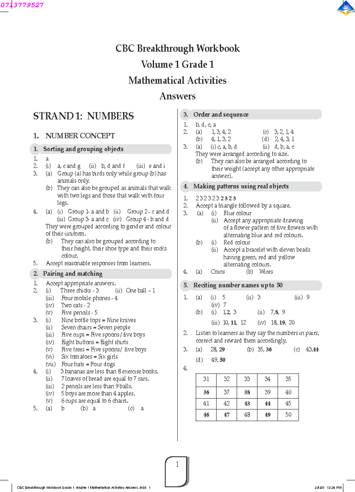 CBC Breakthrough Workbook Grade 1 Volume 1 Answers - 1 3. Order and ...