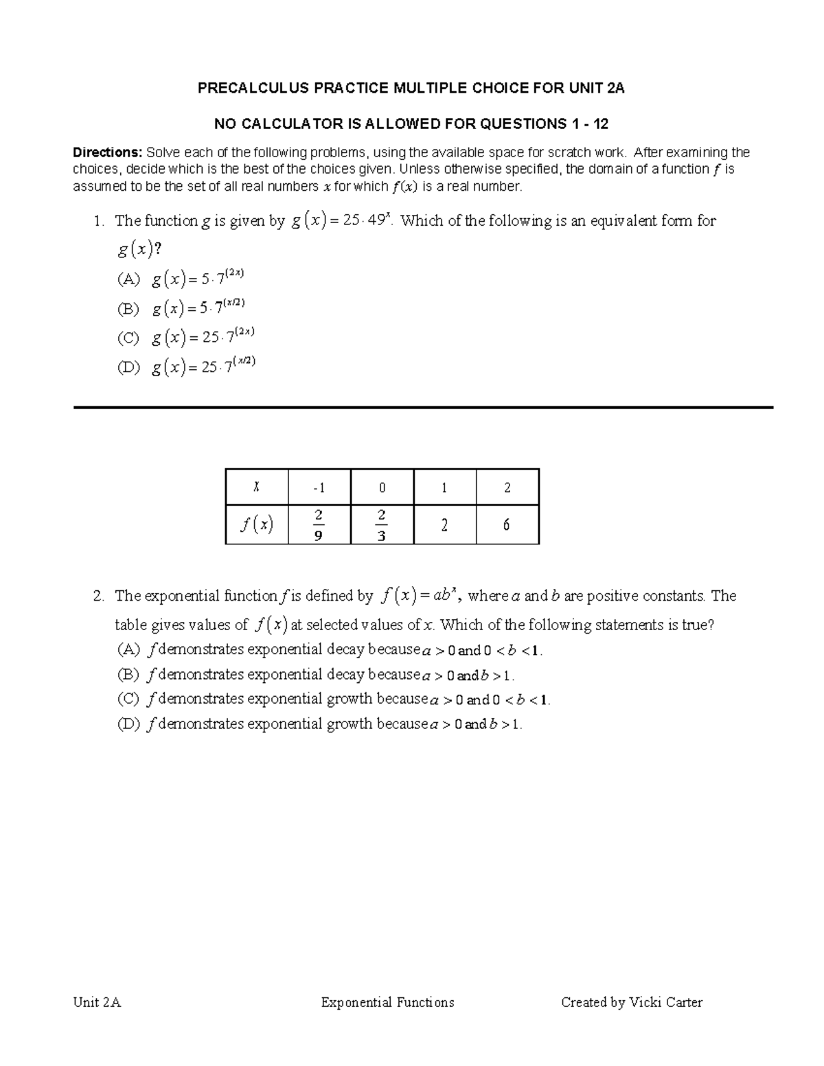 Practice MCQs for Unit 2A - PRECALCULUS PRACTICE MULTIPLE CHOICE FOR ...