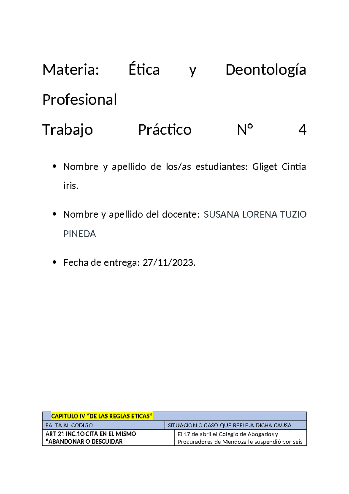 TP 4 Etica Y DEON C - Materia: Ética y Deontología Profesional Trabajo Práctico N° 4 Nombre y ...