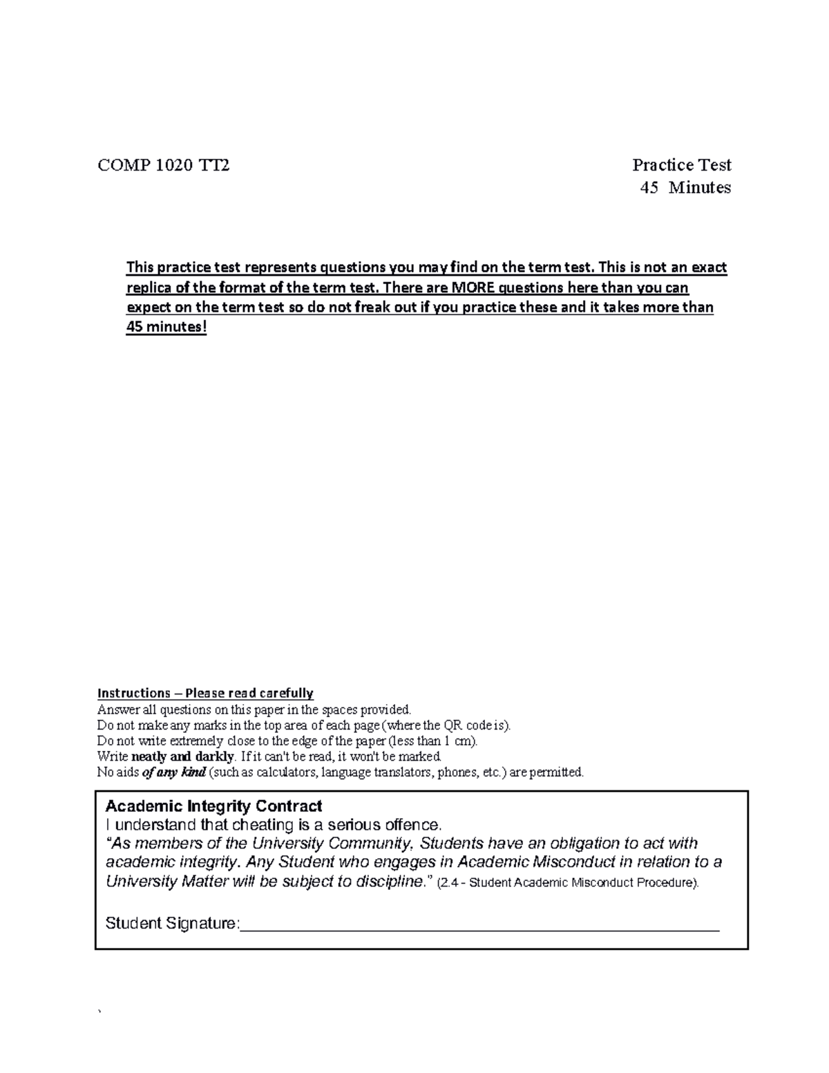 Comp1020 w24 tt2 practice - COMP 1020 TT 2 Practice Test 45 Minutes ...