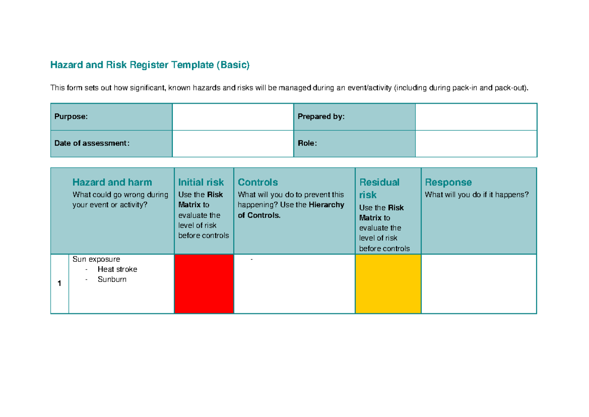 Simple Risk Assessment Template (No logo) - Hazard and Risk Register ...