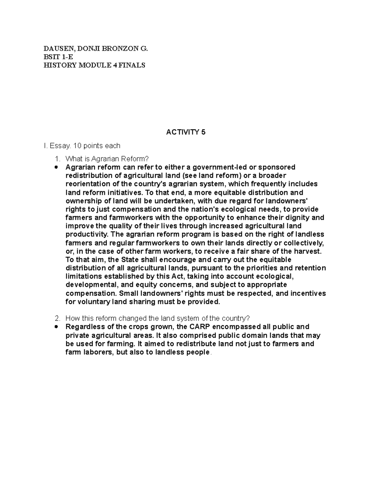 History Module 4 Finals This is a sample of answers for the students to ...