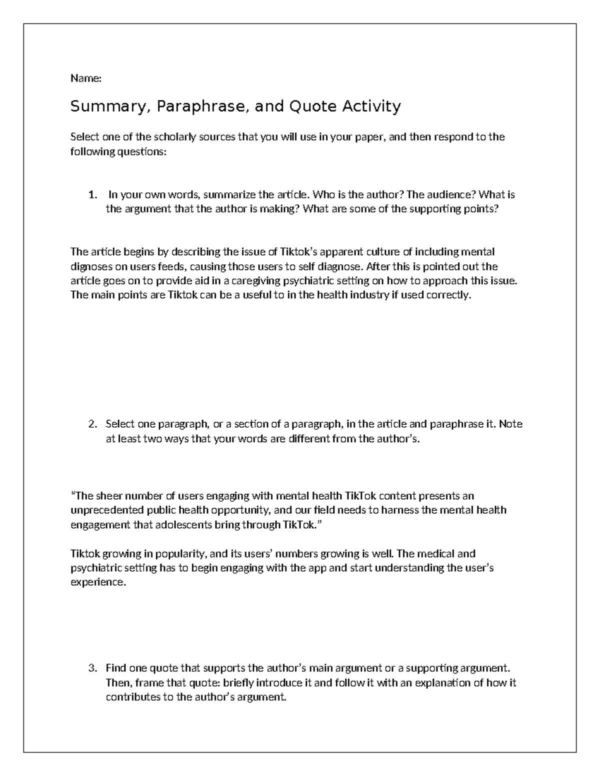 CH5 Worksheet Two - guidline - Name: Summary, Paraphrase, and Quote ...
