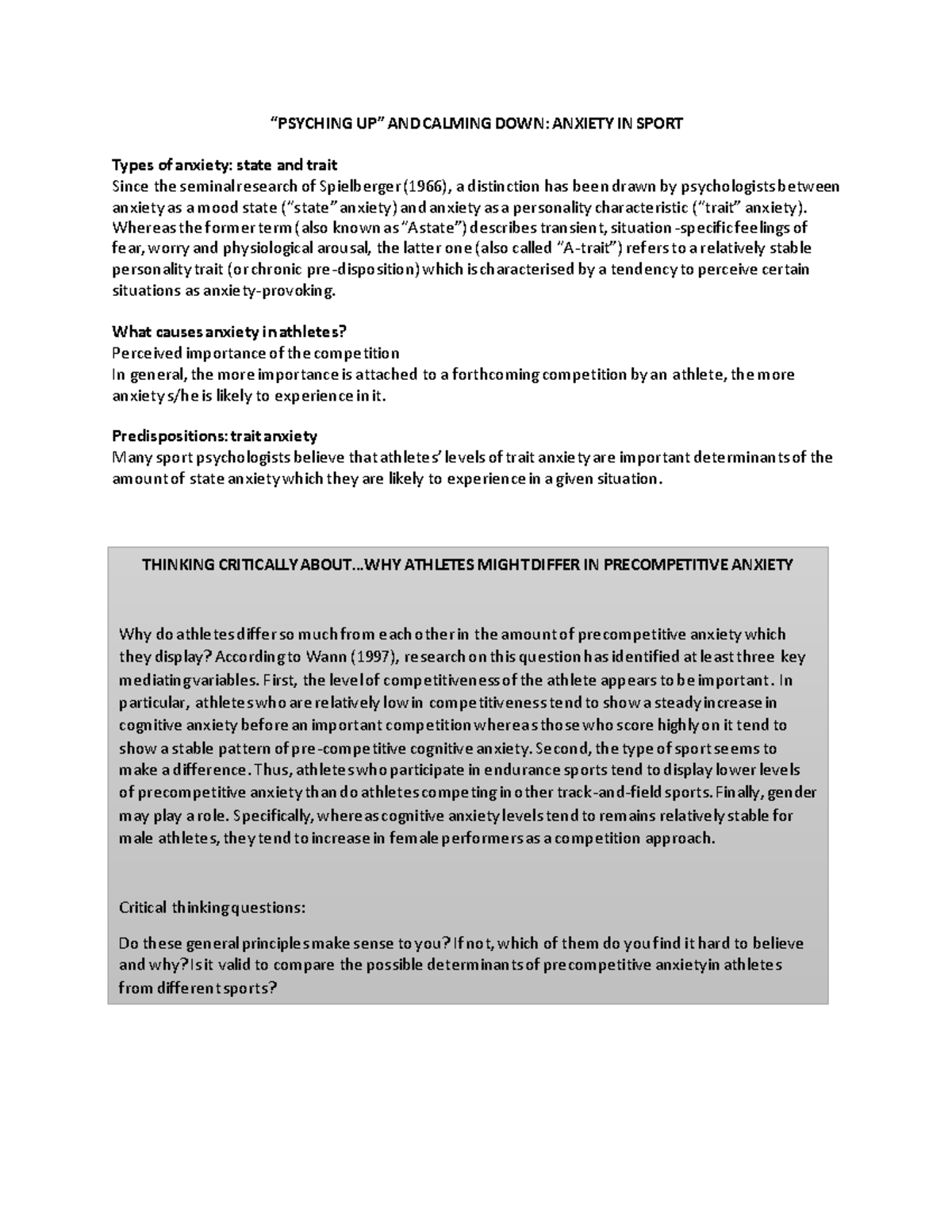 Sports and Exercise- Psychology 4 Handout - “PSYCHING UP” AND CALMING ...
