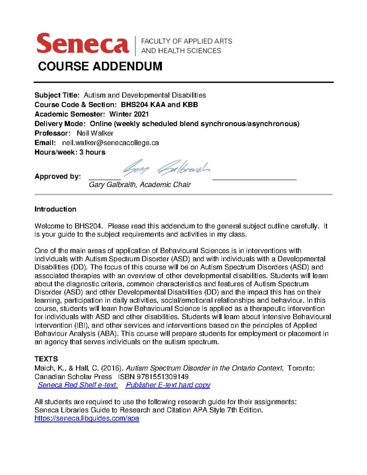 BHS 204 - Addendum - COURSE ADDENDUM Subject Title: Autism and Developmental Disabilities Course ...