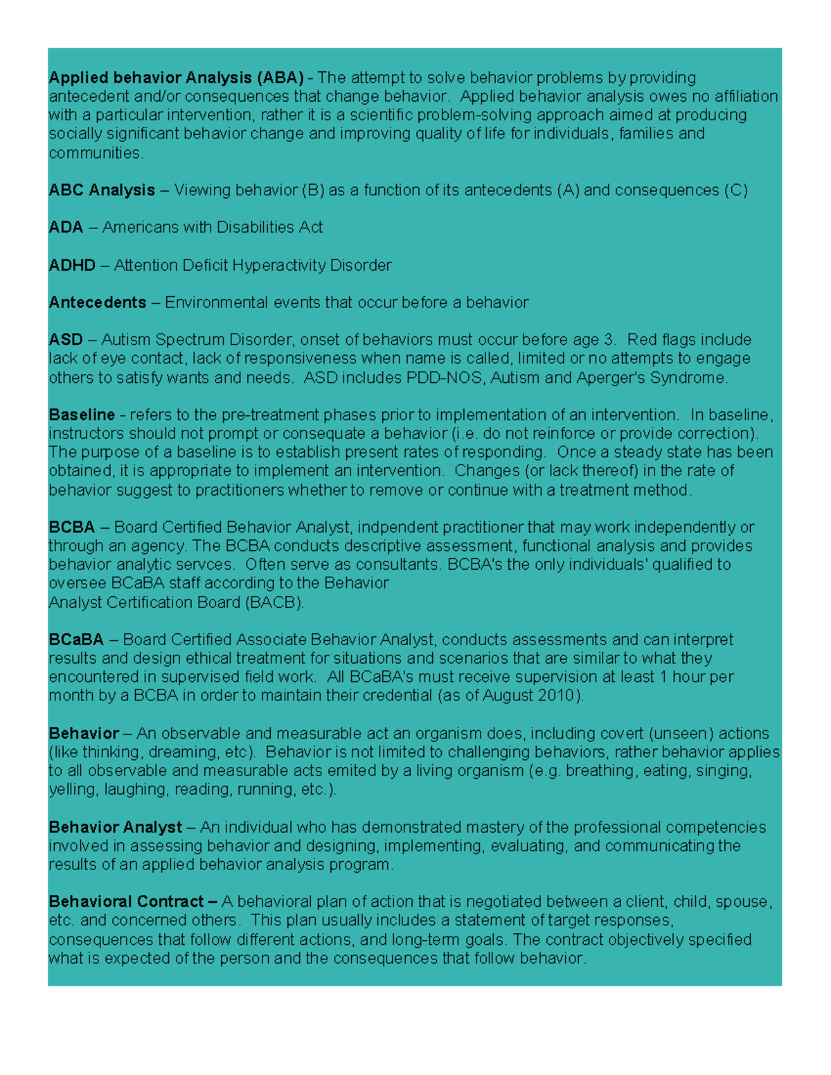 Applied Behavior Analysis Acronum list - Applied behavior Analysis (ABA ...