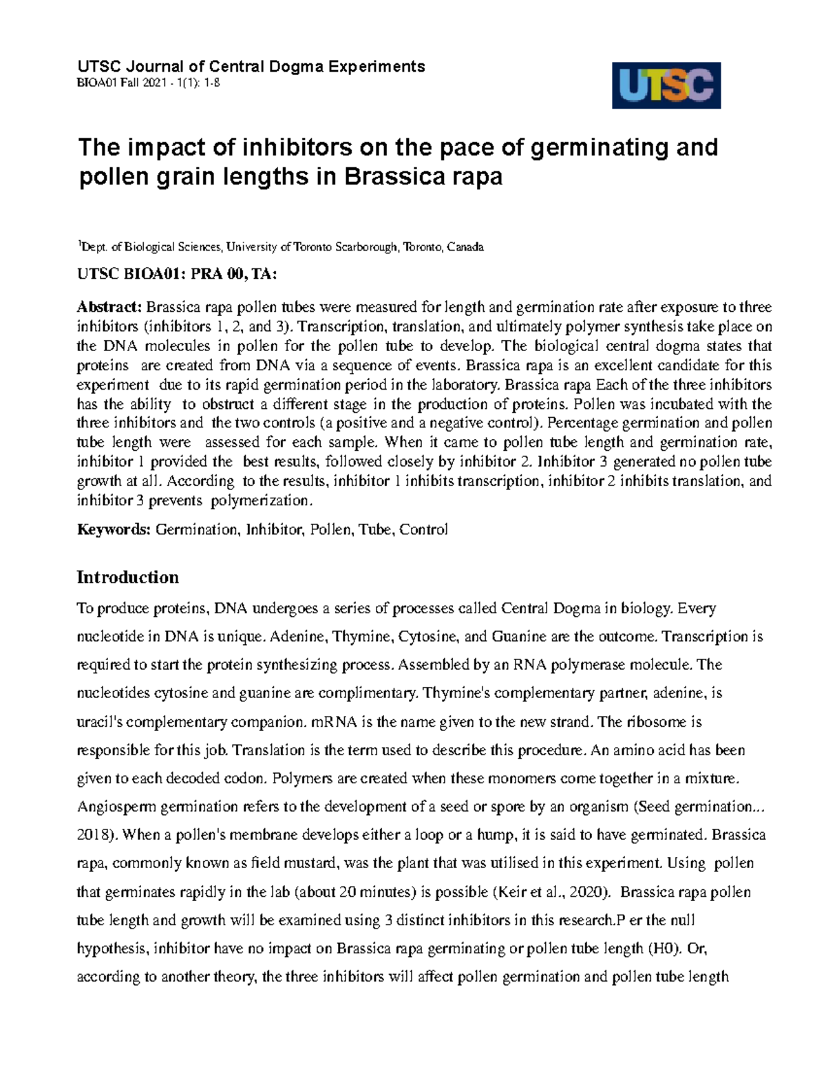 Bioa01 assignment - UTSC Journal of Central Dogma Experiments BIOA01 ...