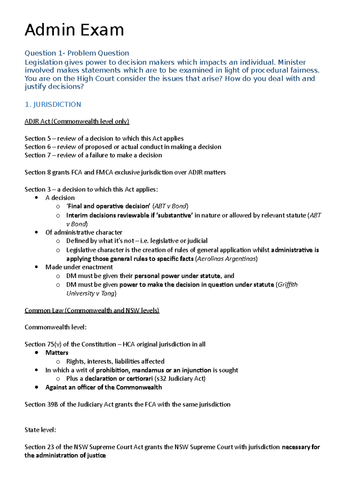 Admin Exam - Notes - Admin Exam Question 1- Problem Question ...