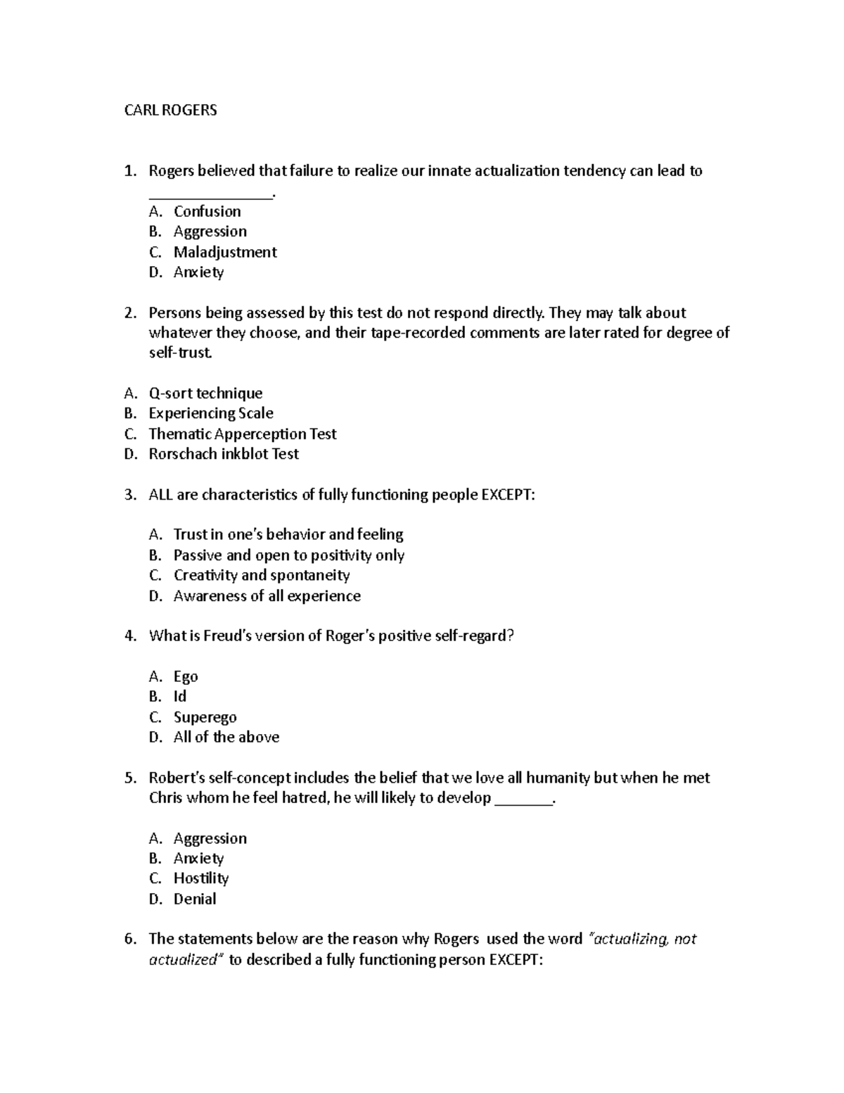 CARL Rogers Final (Practice Material) - CARL ROGERS Rogers believed ...