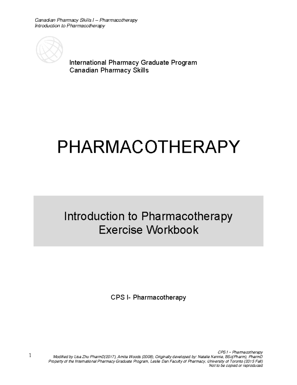 Intro to Pharmacotherapy - Exercise Workbook -2018 - Introduction to ...