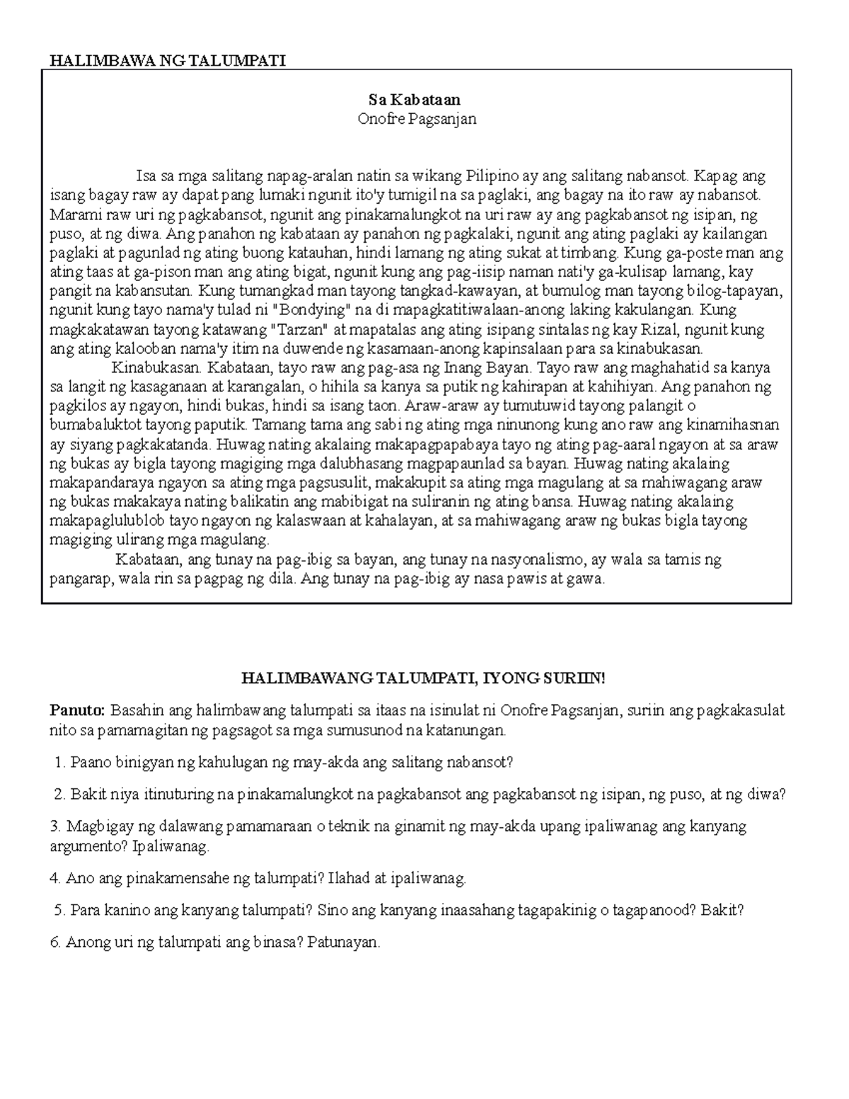 Halimbawa NG Talumpati - HALIMBAWA NG TALUMPATI Sa Kabataan Onofre ...