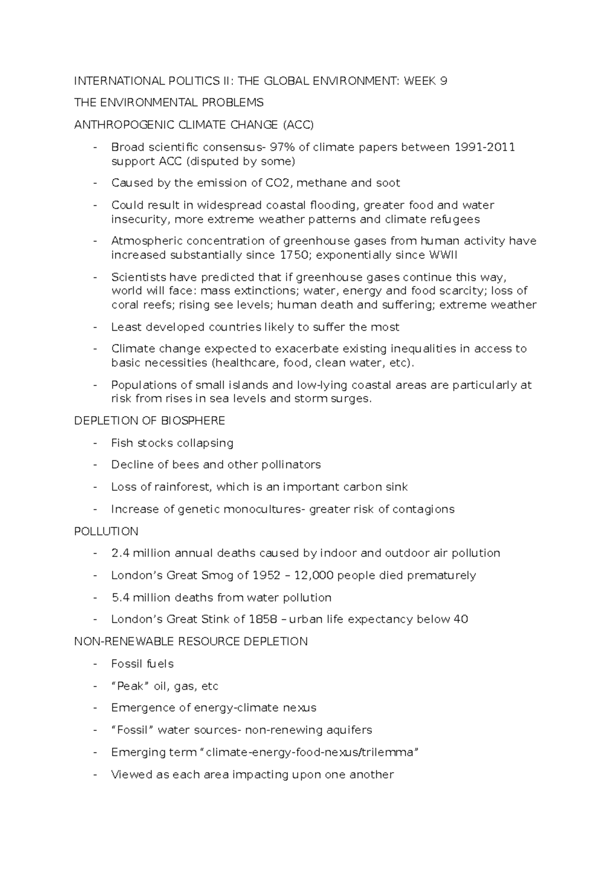 WEEK 9 THE Global Environment - INTERNATIONAL POLITICS II: THE GLOBAL ...