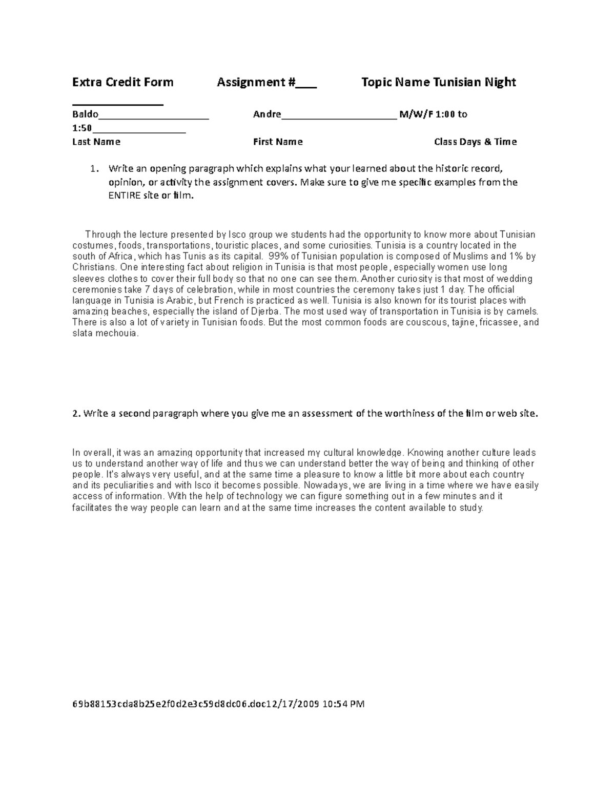 Extra Credit Form Tunisia - Extra Credit Form Last Name Assignment ...