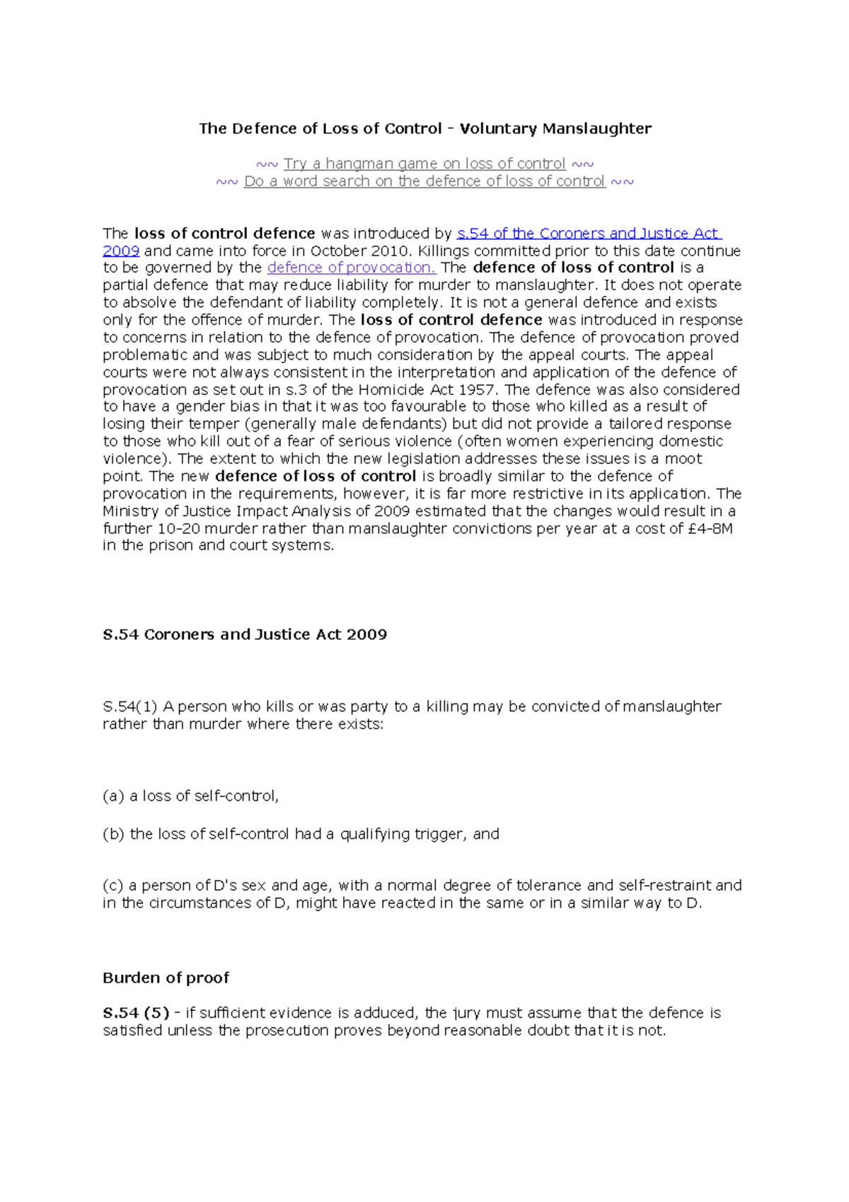 Summary 2 LOSS OF Control - The Defence of Loss of Control - Voluntary ...