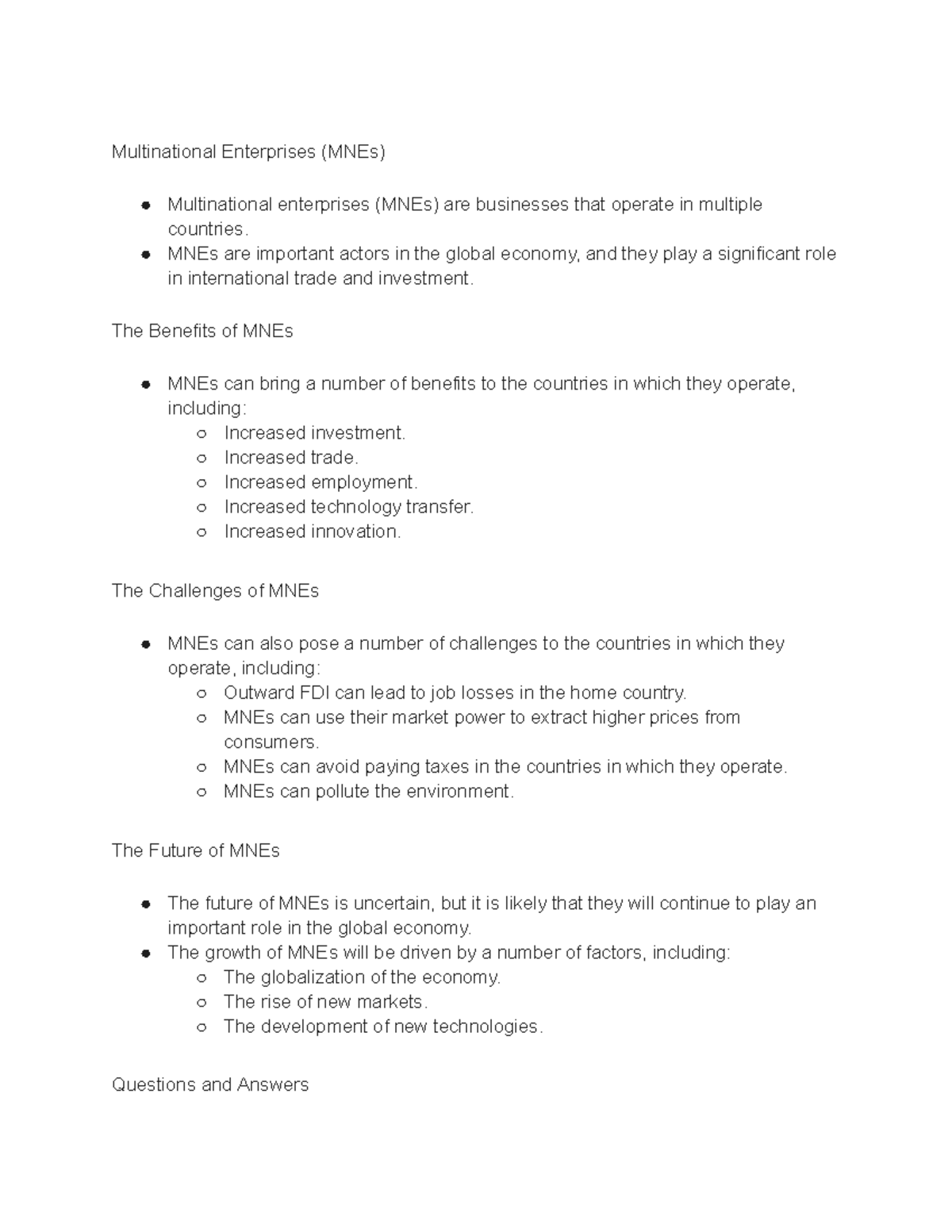 Lecture 16 Multinational Enterprises - Multinational Enterprises (MNEs ...