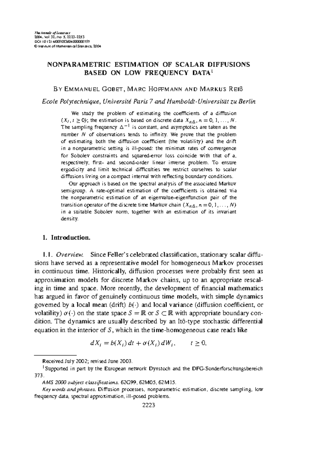 Nonparametric estimation of scalar - The Annals of Statistics 2004, Vol. 32, No. 5, 2223– DOI 10 ...