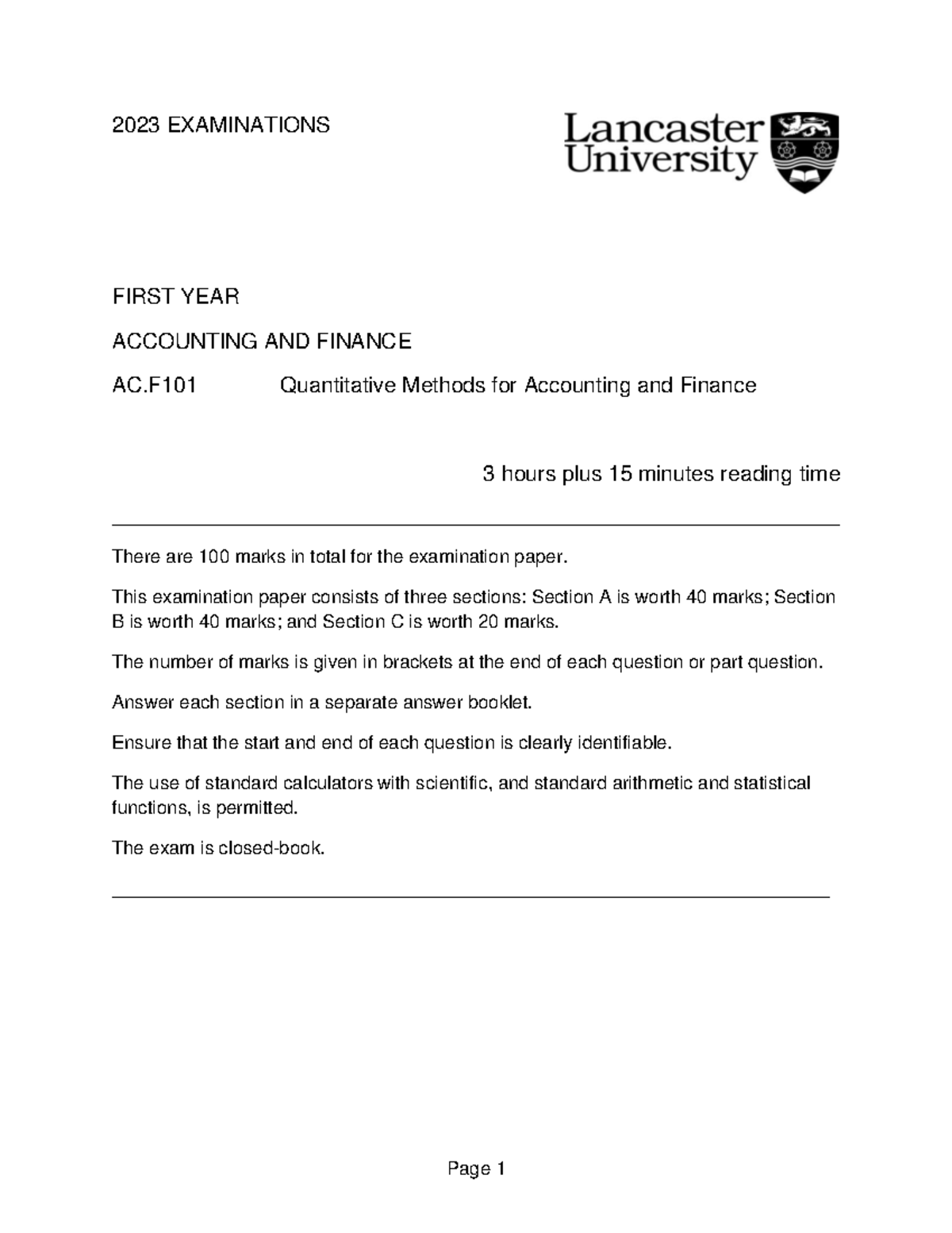 Ac F101June Exam Paper- Final - Page 1 2023 EXAMINATIONS FIRST YEAR ...