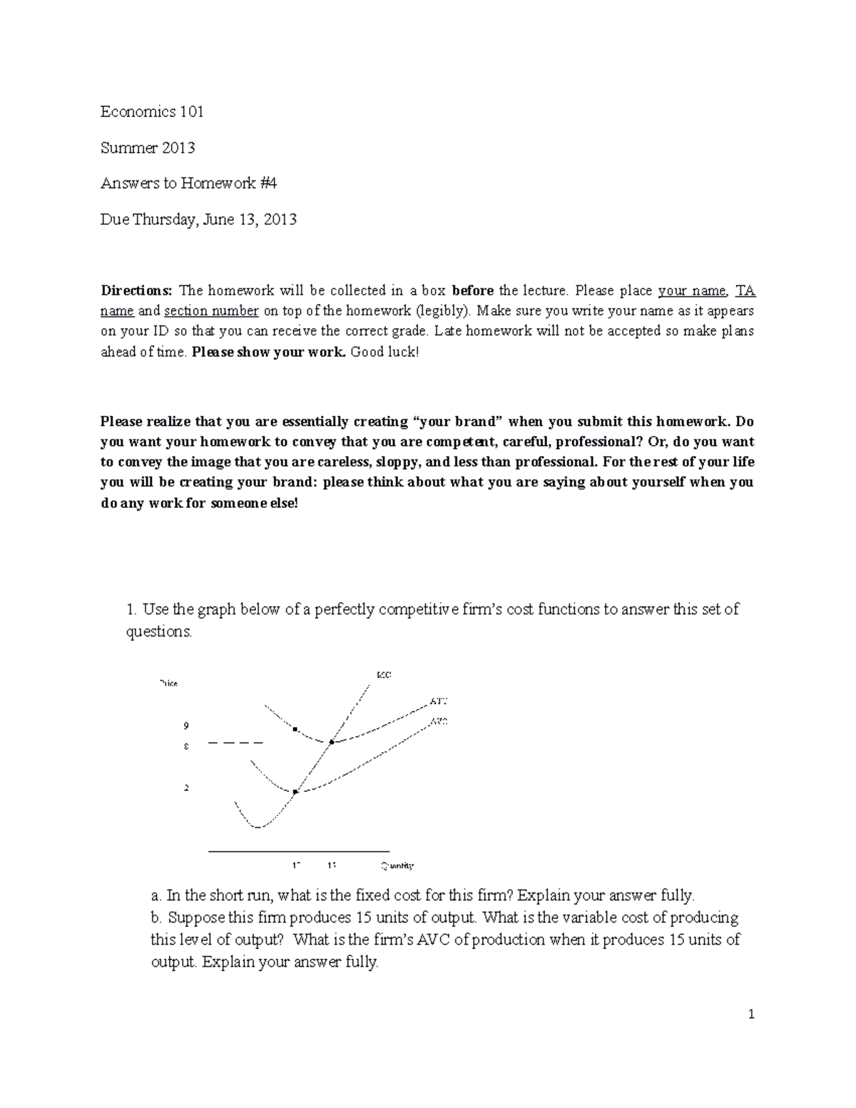 Prices and market questions - Economics 101 Summer 2013 Answers to ...