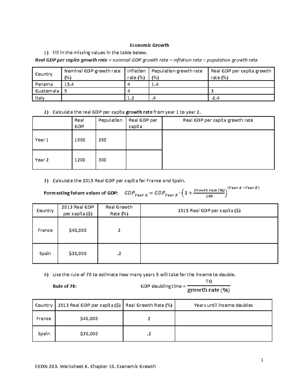 Economic growth - 1 ECON 203. Worksheet 6. Chapter 10. Economic Growth ...