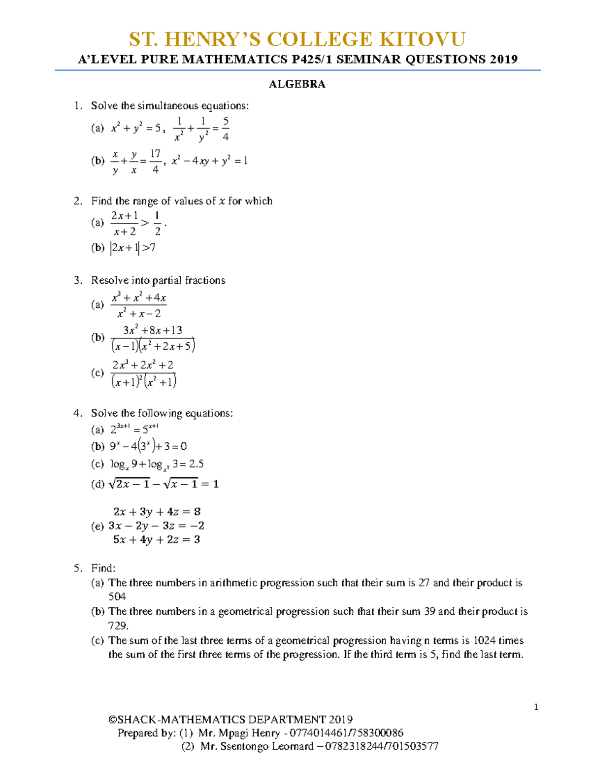 A Level Mathematics Paper 1 Seminar Questions 2019 2 - 1 ©SHACK ...