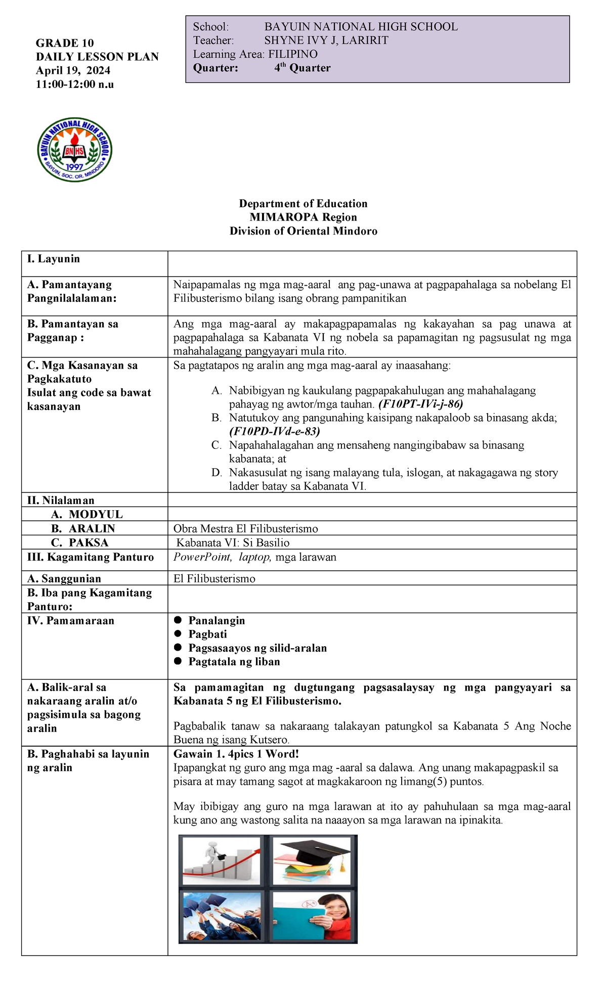 Teacher ivy Lp grade 10 - GRADE 10 DAILY LESSON PLAN April 19, 2024 11: ...