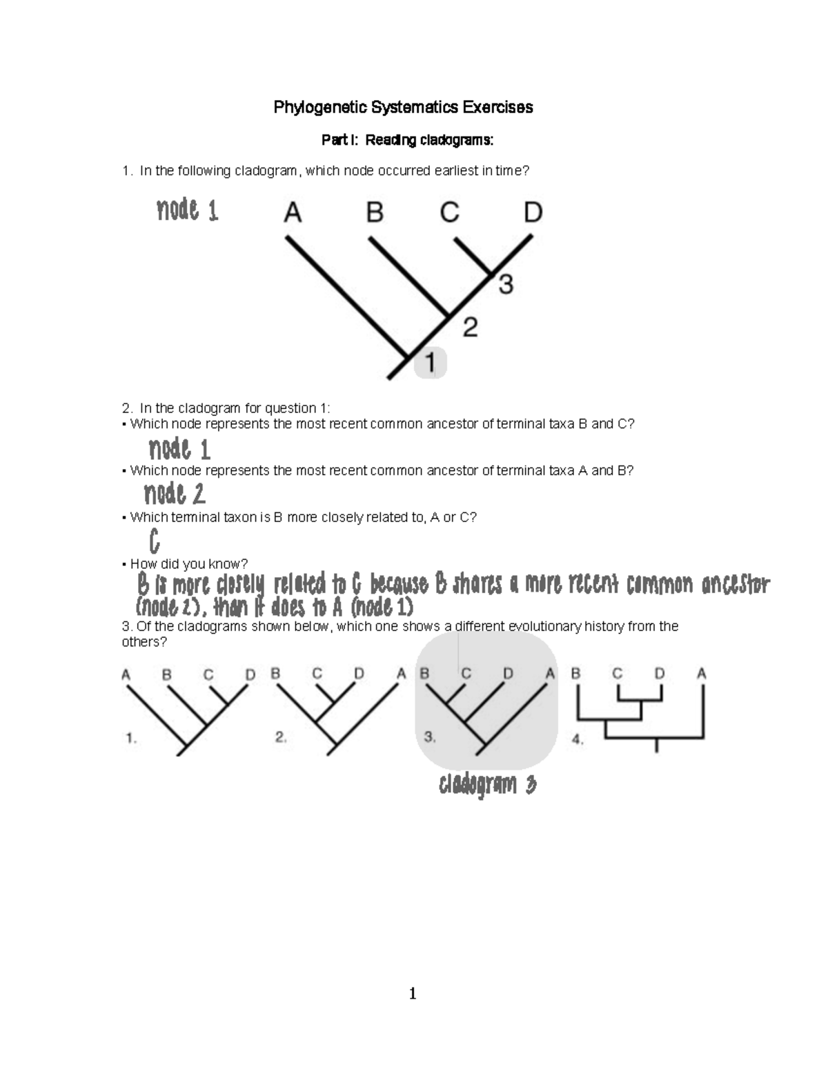 Systemic Biology Exercises - Phylogenetic Systematics Exercises Part I: Reading cladograms: In ...