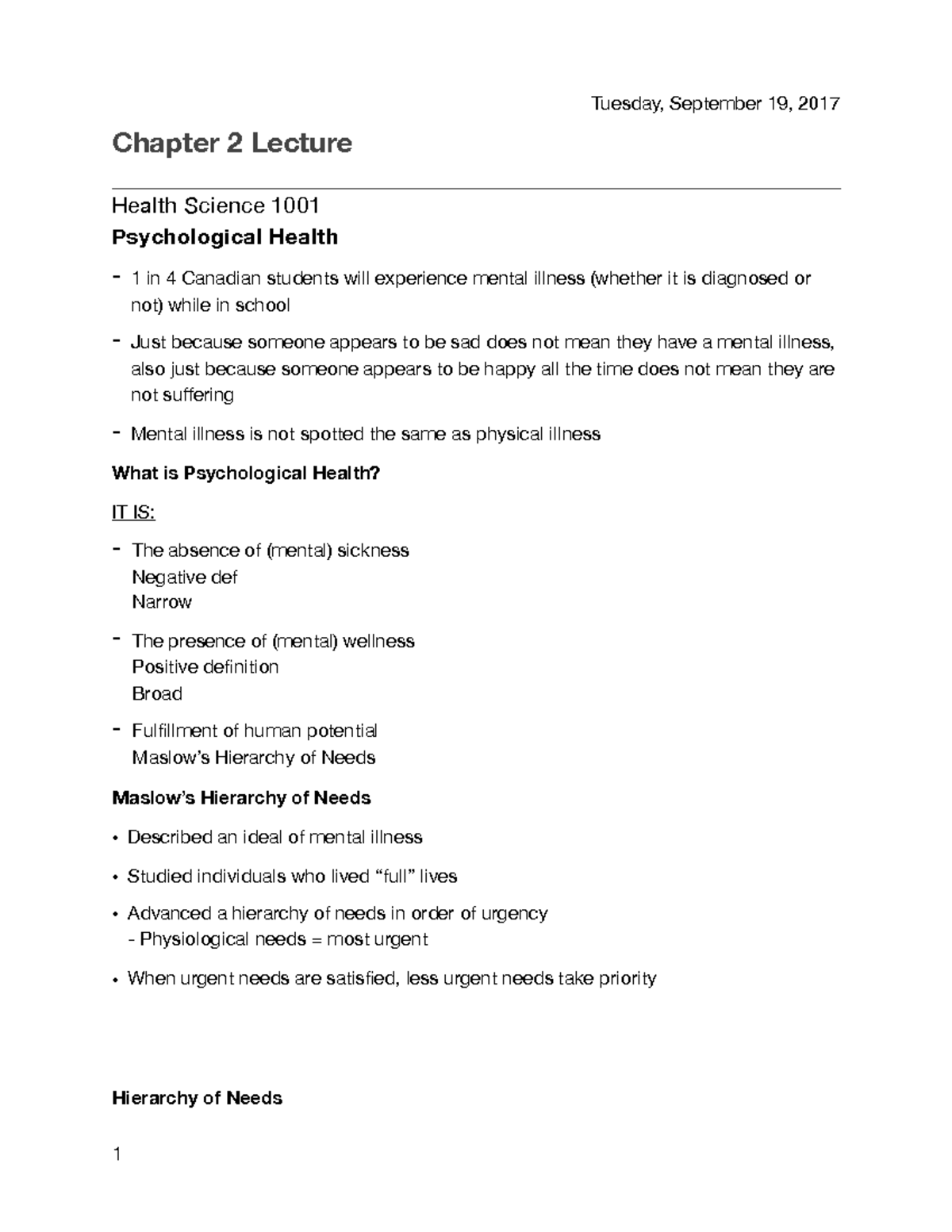 Health Science - Lecture 2 - Tuesday, September 19, 2017 Chapter 2 ...