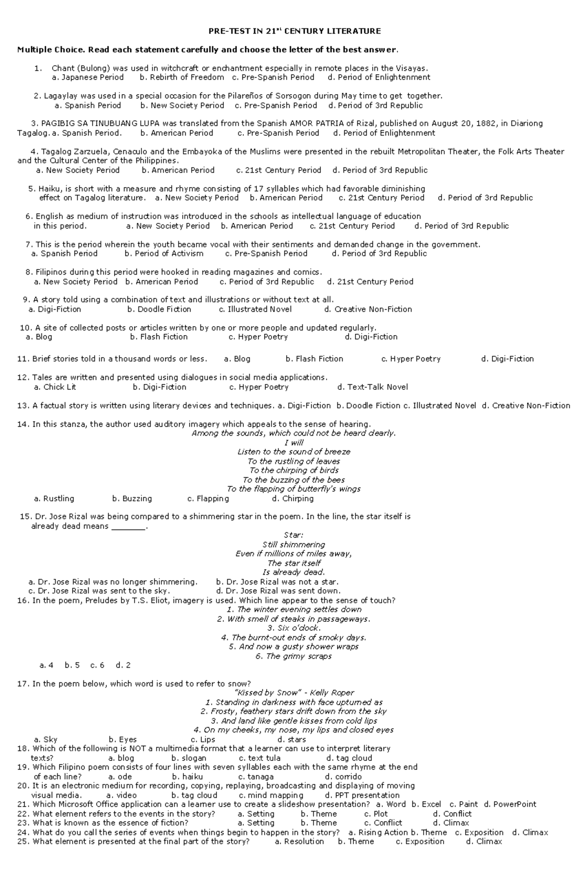 Pre Test 2022 2023 21st Century Lit - PRE-TEST IN 21st CENTURY ...