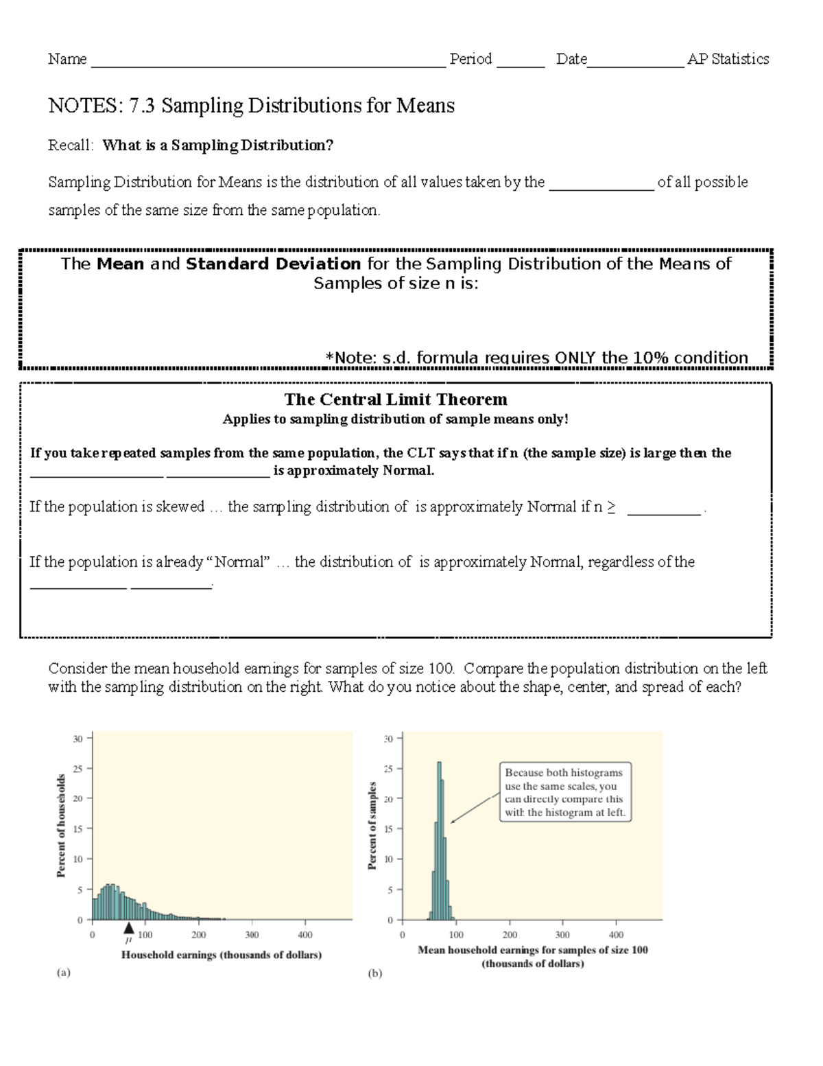 7.3 Notes Sampling Distributions of Means - Name