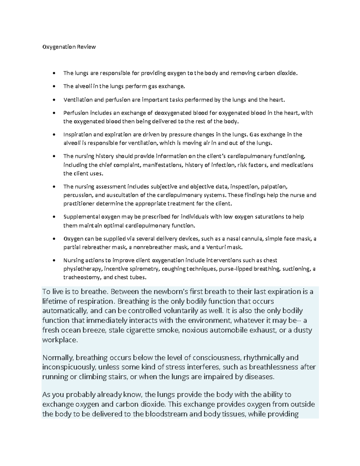 Oxygenation notes ATI - Oxygenation Review • The lungs are responsible ...