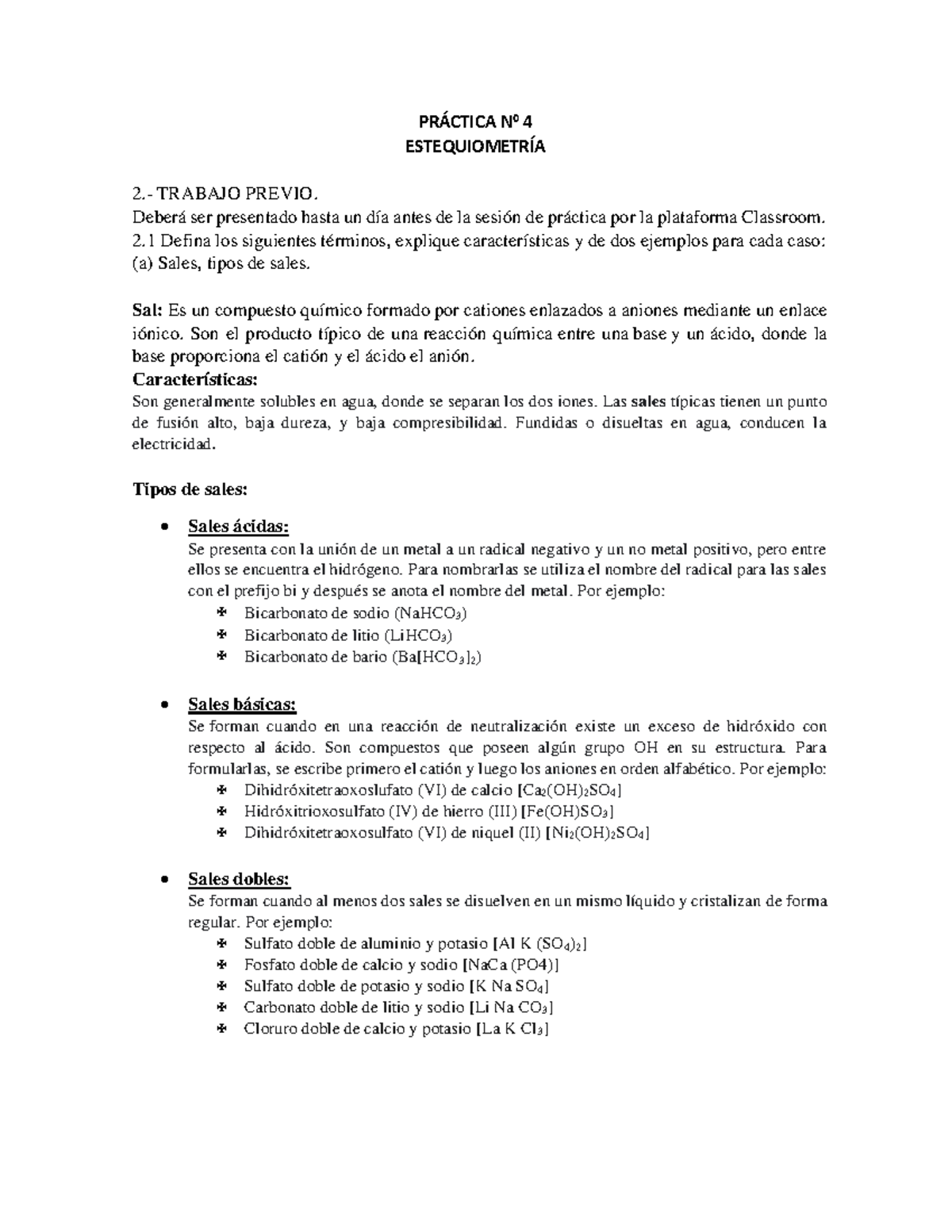 Práctica N0 4 - Estequiometría - PR¡CTICA N 0 ESTEQUIOMETRÕA 2.- TRABAJO PREVIO. Deberá ser ...