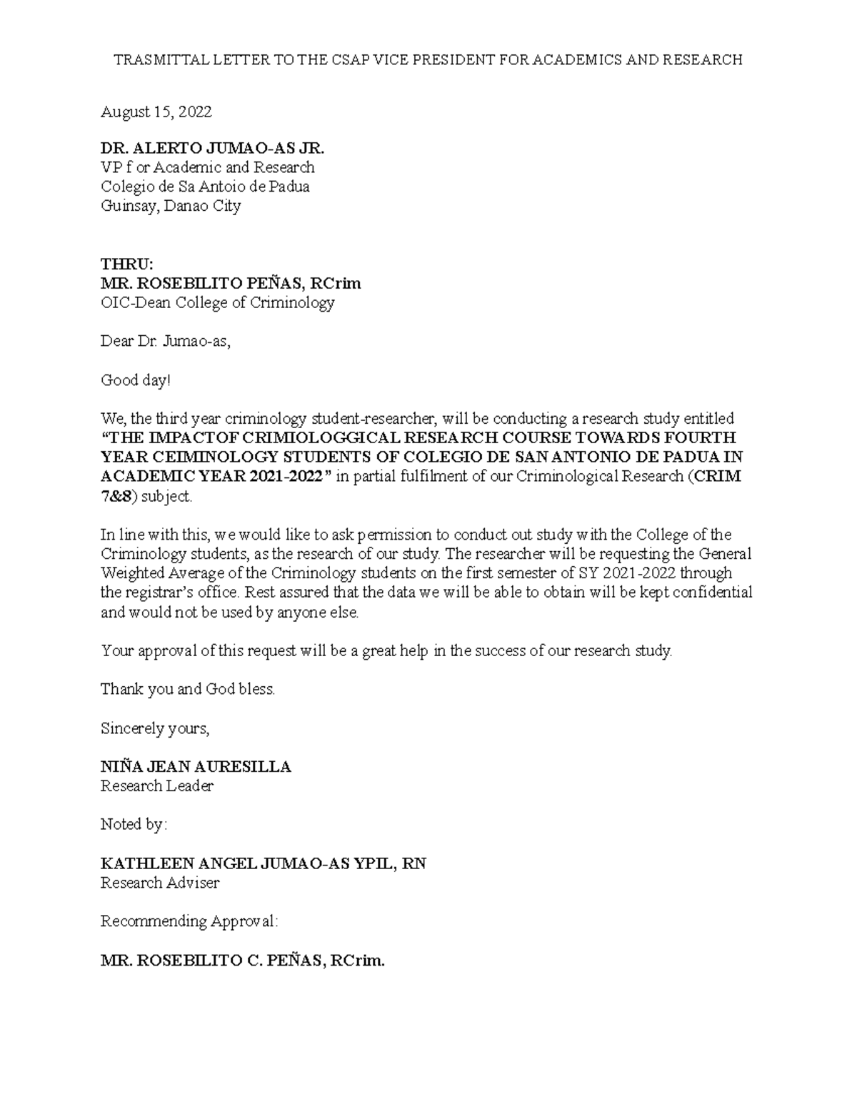 Transmittal - TRASMITTAL LETTER TO THE CSAP VICE PRESIDENT FOR ...