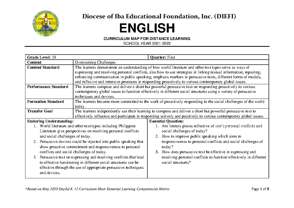 CMAP English Grade 10 Quarter 1 - ENGLISH CURRICULUM MAP FOR DISTANCE ...
