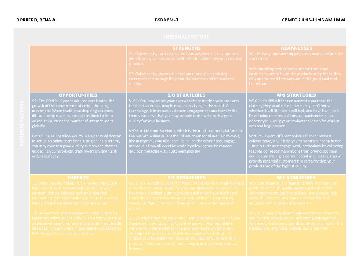 SWOT-TOWS-Matrix - BORRERO, BENA A. BSBA FM-3 CBMEC 2 9:45-11:45 AM I ...