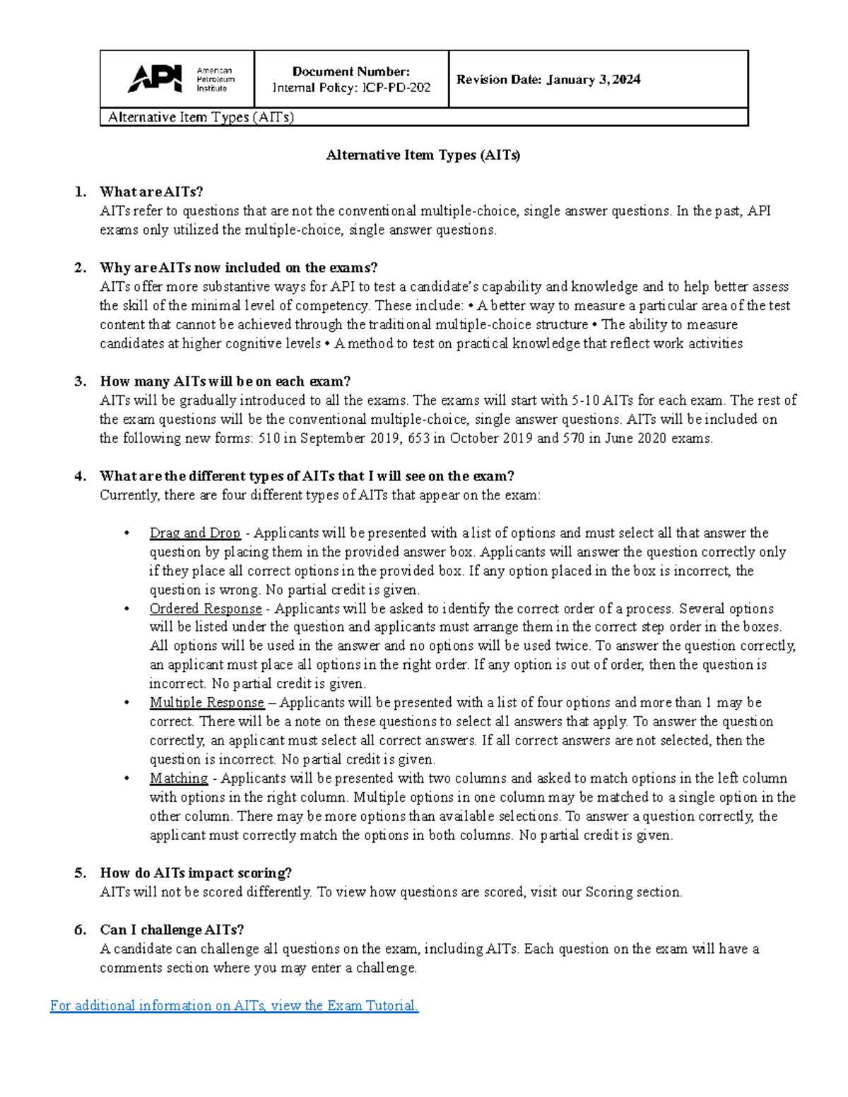 ICP-PD-202 AIT Items - AIT for api exam - Document Number: Internal ...