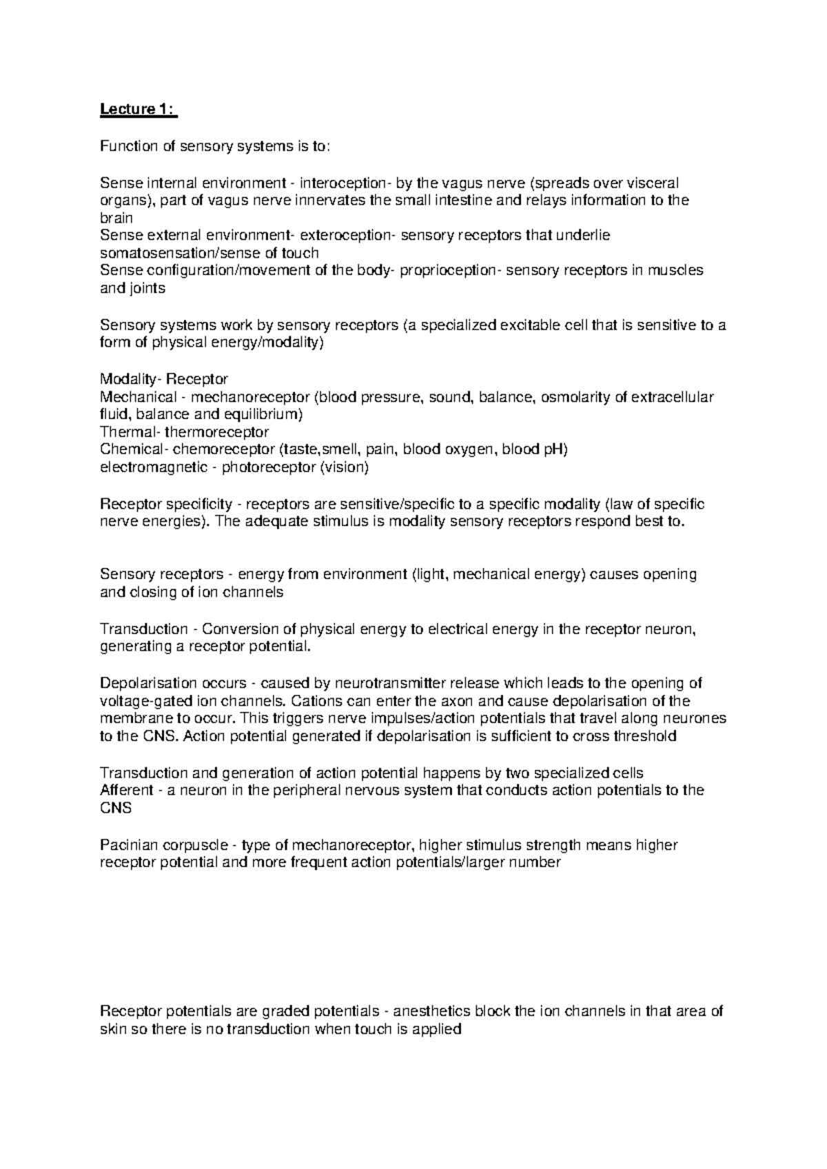 Lecture 1 Notes Lecture 1 Function Of Sensory Systems Is To Sense
