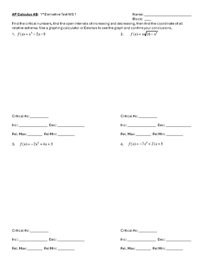 AP Calc AB Derivative of Inverses WS 1 - MATH55 - 1 Derivatives of ...
