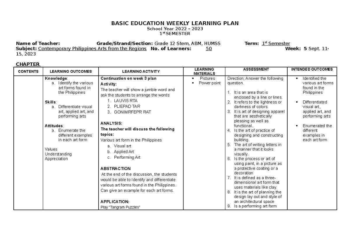 Contemporary Philippines Arts from the Regions- Weekly- Learning-PLAN - For download - BASIC ...