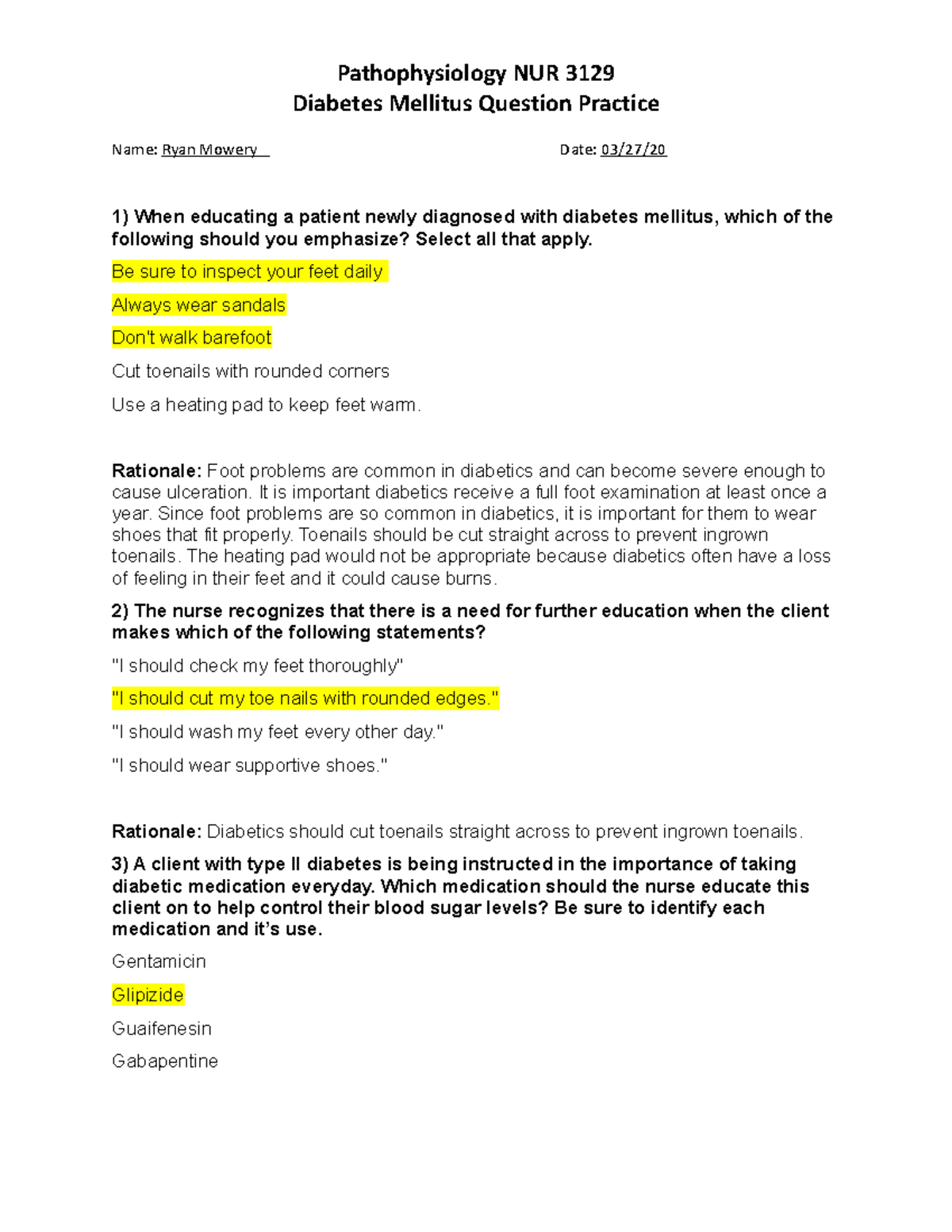 Patho Diabetes Worksheet 3.26.20 Student - Diabetes Mellitus Question ...