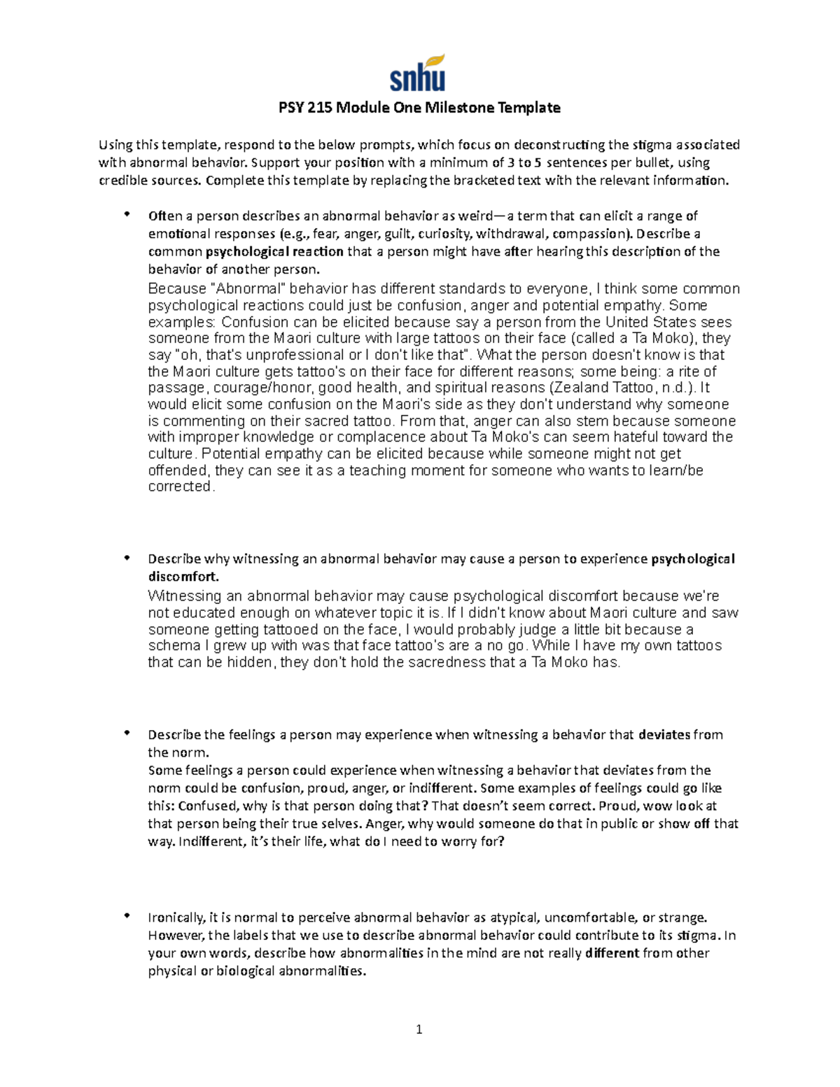 PSY 215 Module One - mod one - PSY 215 Module One Milestone Template ...