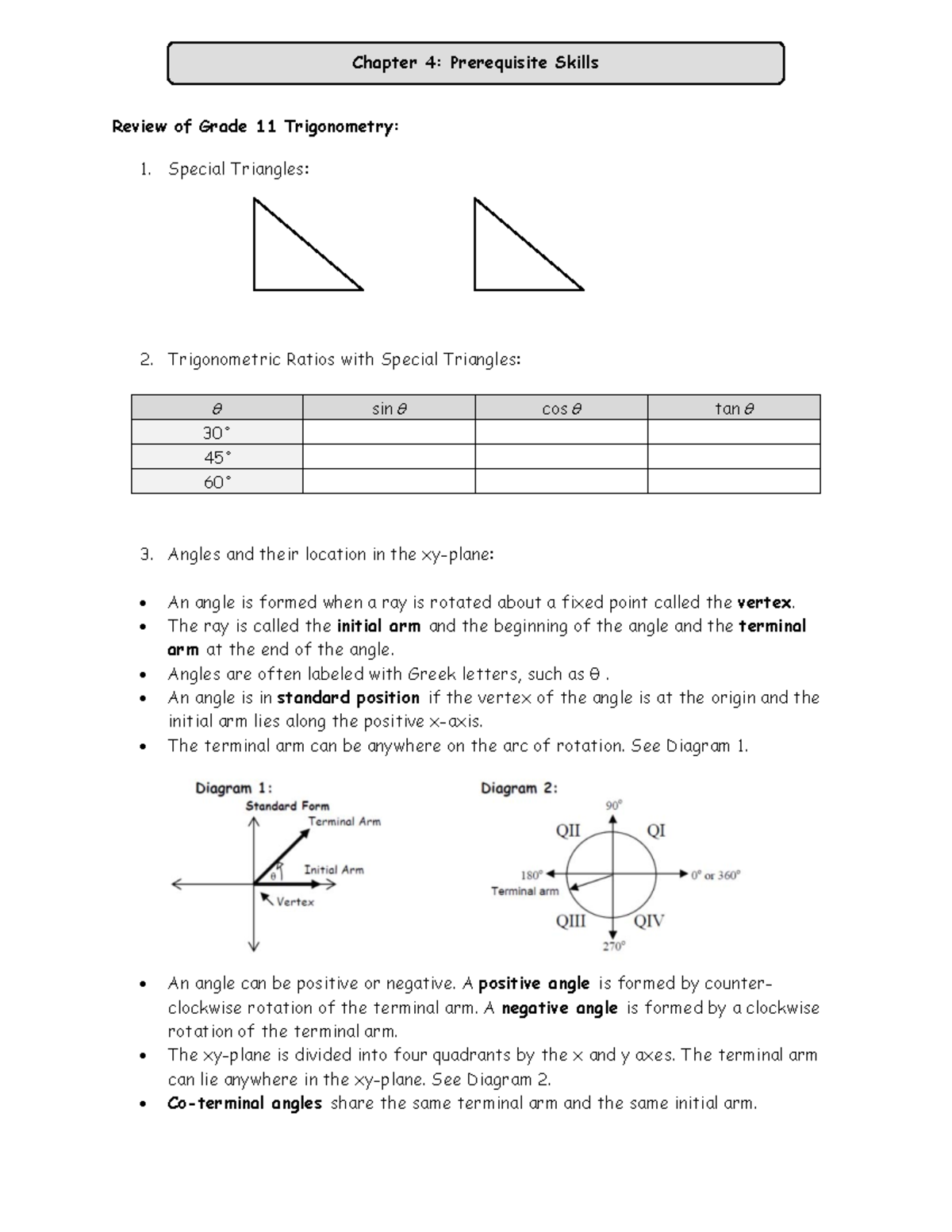 Chapter 4 Lessons - Review of Grade 11 Trigonometry: 1. Special ...